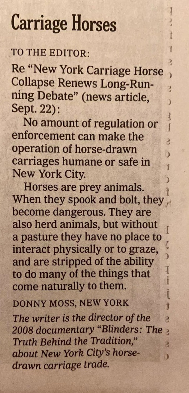 Another Letter to the Editor Urging Ban on Carriage Horses